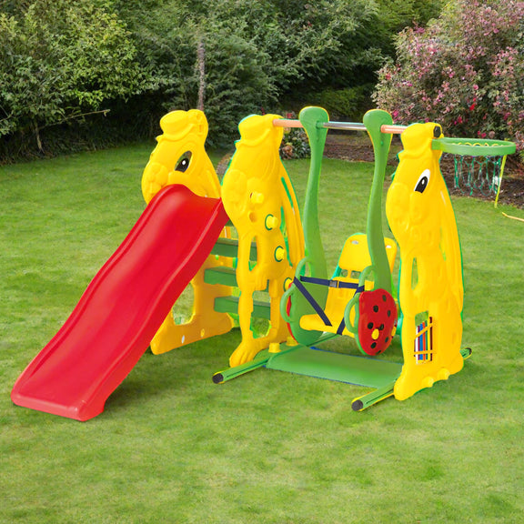 Kids Rabbit Themed Slide and Swing Set with Basket Ball Hoop (L-59" W ...